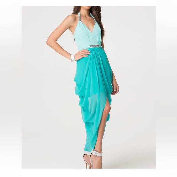 bebe | Dresses | Bebe Silk Two Tone Colorblock Sexy Halter Blue Maxi ...